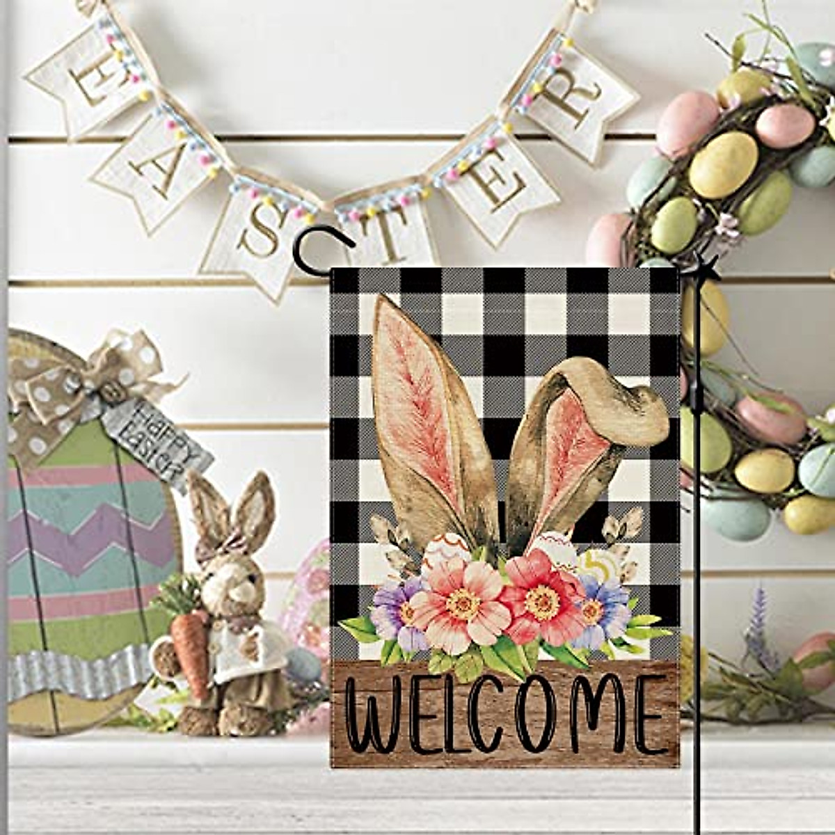CMEGKE Easter Garden Flag, Easter Buffalo Plaid Bunny Ear Garden Flag, Spring Summer Garden Flag Rustic Vertical Double Sided Burlap Welcome Easter Rabbit Floral Holiday Party Farmhouse Yard Home Outside Decor 12.5 x 18 In