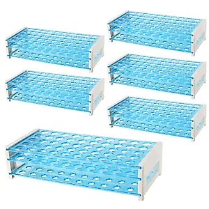 JAPCHET 6 Pack Plastic Test Tube Rack, 50 Holes Test Tube Rack Holder for 13/16mm Tubes, Detachable Stand Bracket Rack for Scientific Experiment, Party Favors, Decoration, Holds 50 Tubes, Blue