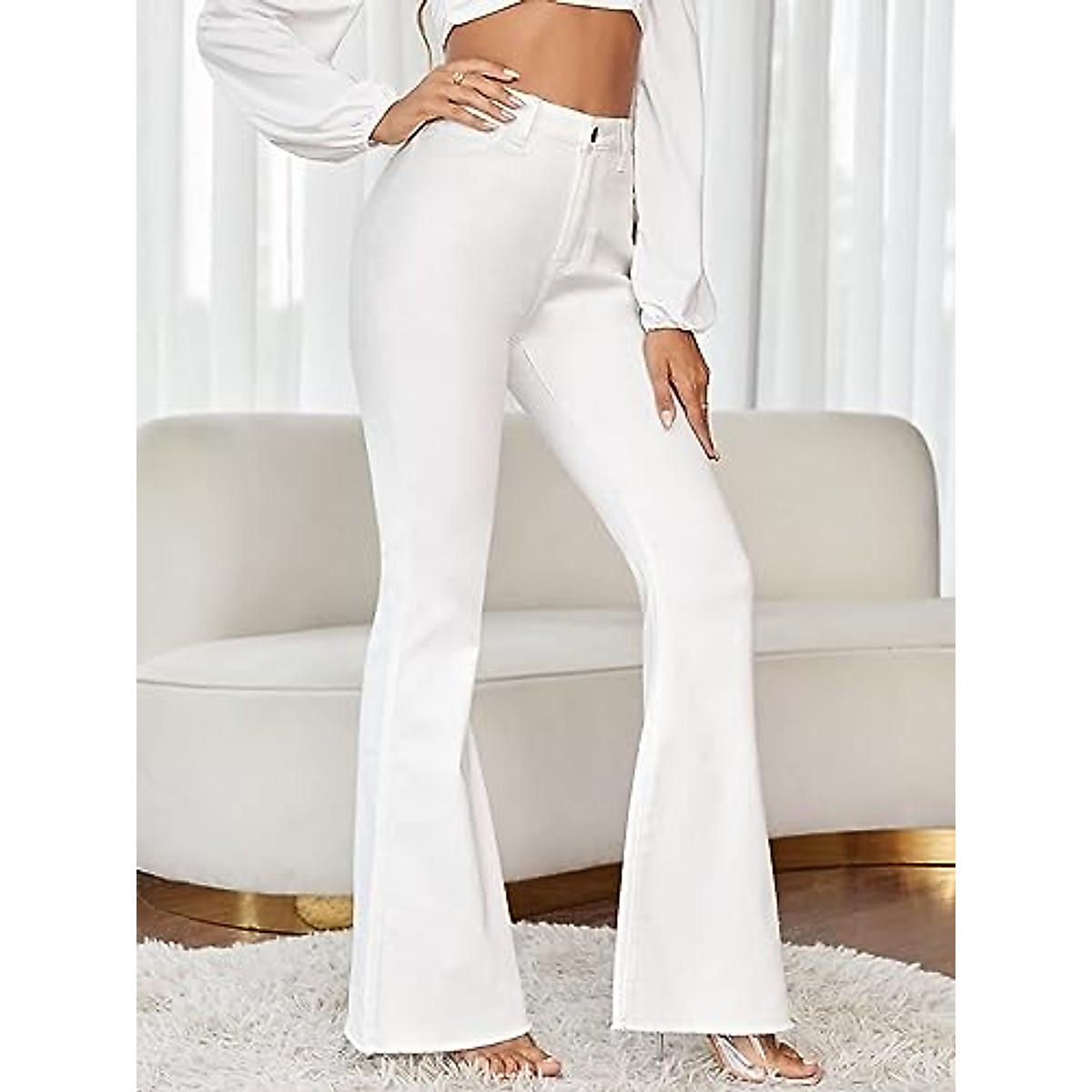 Floerns Women's High Waisted Flare Jeans Frayed Raw Hem Bell Bottom Denim Pants White M