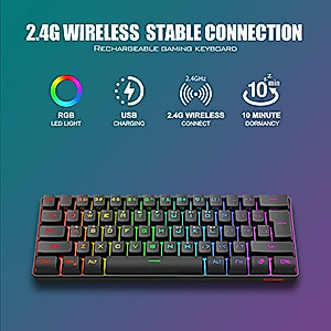 RedThunder 60% Wireless Gaming Keyboard, Rechargeable RGB Backlit Ultra Compact Mini Gaming Keyboard, Ergonomic Waterproof Mechanical Feeling Keyboard for PC, MAC, Laptop, PS4, PS5, Xbox ONE Gamer