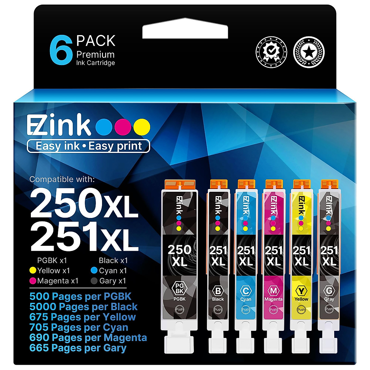E-Z Ink (TM) Compatible Ink Cartridge Replacement for Canon PGI-250XL PGI 250 XL CLI-251XL CLI 251 XL to use with Pixma IP8720 (1 Large Black, 1 Cyan, 1 Magenta, 1 Yellow, 1 Small Black,1 Gray) 6 pack