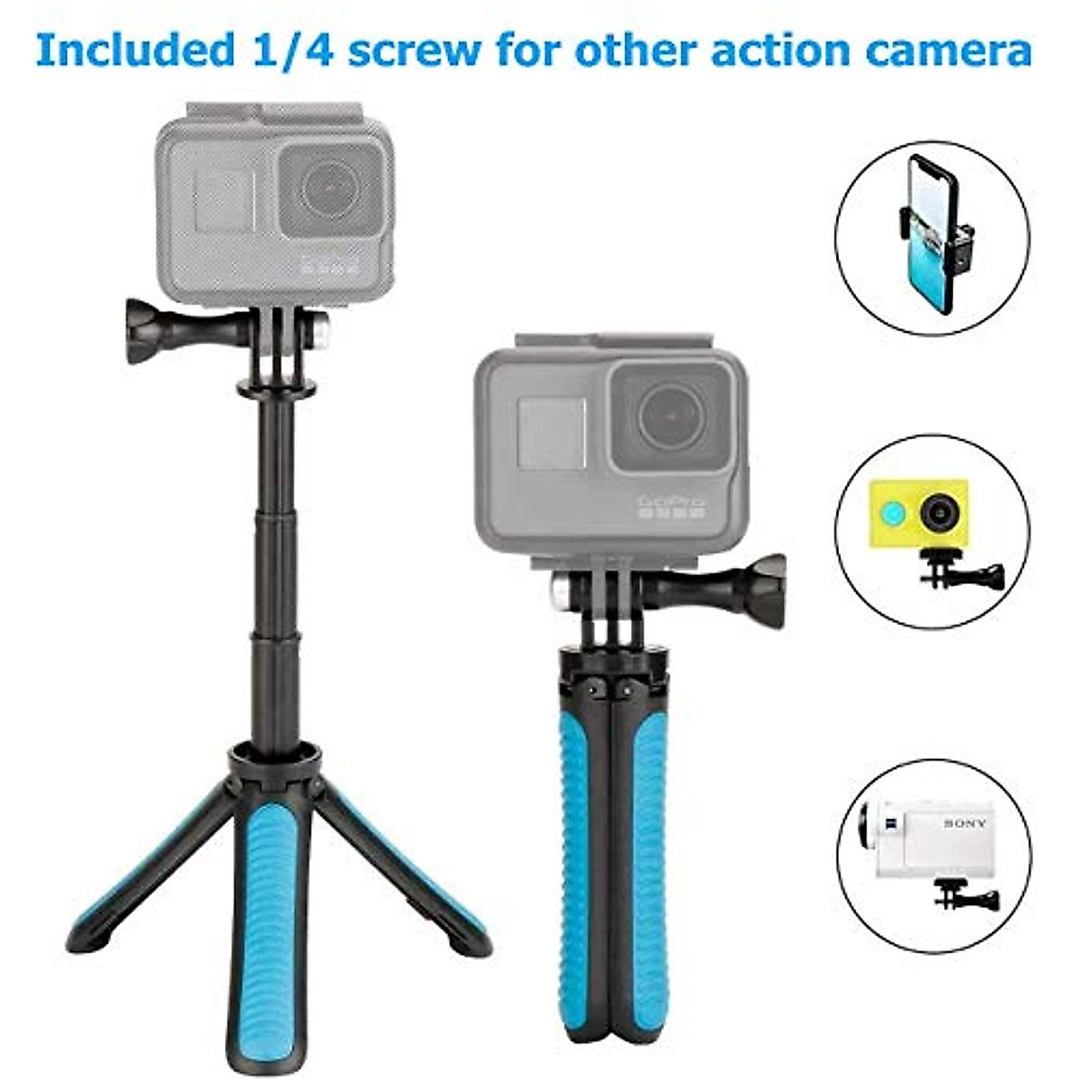 Extendable Mini Selfie Stick Tripod Two in One， Compatible with AKASO Gopro Hero 10/9/8/7/6/5 Various Action Camera and Cell Phone Accessories（Blue）