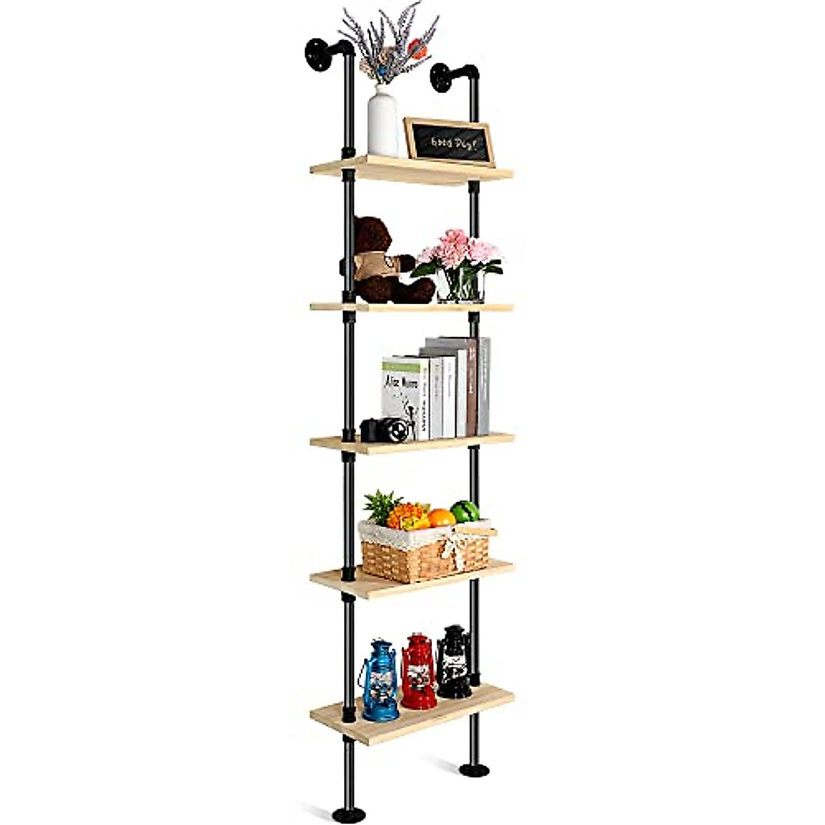 5 Tier Modern Bookcase Wall Mount Ladder Bookshelf Include Wood Planks Industrial Pipe Shelf Book Display Rack Metal Pipes and Wood Shelves Stand Black Corner Frame Bookcase (Natural Wood Board)