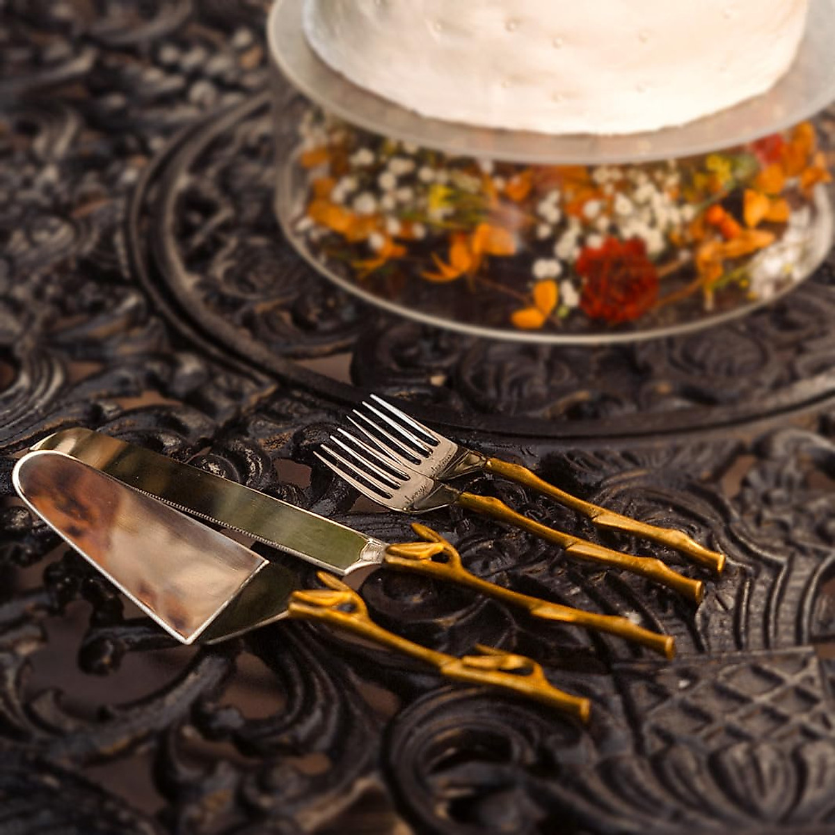 Heartfelt Homie Wedding Cake Knife and Server Set - 4 PC Cake Cutting Set with Gold Twig Leaf Handles - Pie server, Cake knife, Engraved forks for Wedding Cake Cutting - Engagement, Bridal Gifts