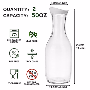 CUCUMI 3pcs 50oz Glass Carafe with Lids, 1.5 Liter Glass Water Pitcher Juice Containers Beverage Jugs for Mimosa Bar, Brunch, Cold Beverage