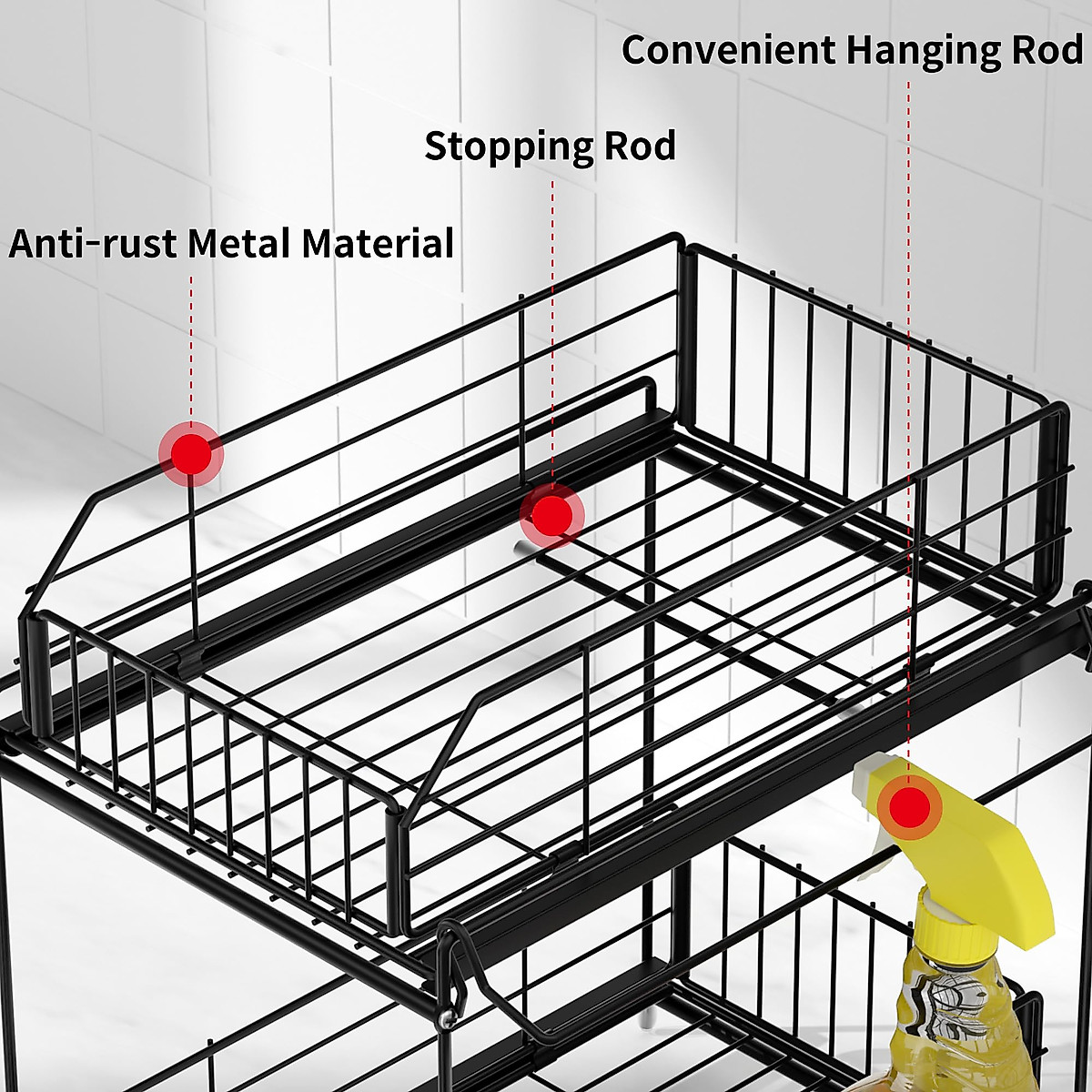 SUEH DESIGN Under Sink Organizers and Storage, Large Capacity Under Cabinet Storage 2 Tier Pull Out Kitchen Cabinet Organizer with Hanging Rail for Bathroom Kitchen Storage Shelf