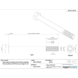Small Parts Brass Hex Bolt, Plain Finish, Hex Head, External Hex Drive, Meets ASME B18.2.1, 3-1/2" Length, Partially Threaded, 3/8"-16 UNC Threads (Pack of 5)