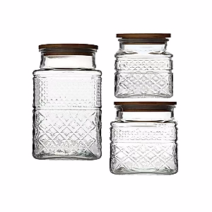 Glass Storage Jars Vintage Embossed Glass Canisters , Livejun Food Cereal Storage Containers with Bamboo Lid , Decorative Jars for Kitchen Counter,Pantry ,Set 3-Piece Glass Jars in 60 oz/40 oz/20 oz (Square)