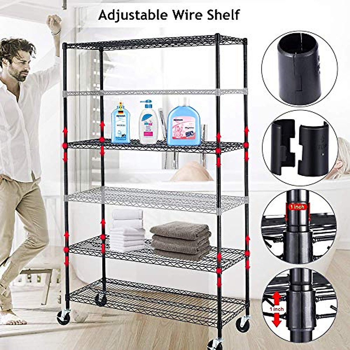 Payhere Metal Storage Shelves, Wire Shelving Unit w/Wheels, 6000 LBS Heavy Duty Industrial Utility Steel Storage Rack, 6 Tier NSF UltraDurable Shelf Organizer Racks for Garage Kitchen Storage (Black)