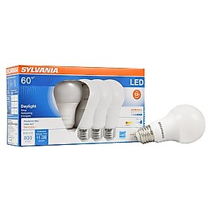 SYLVANIA Ultra LED A19 Light Bulb, 60W Equivalent, Efficient 9W, 13 Year, 800 Lumens, Dimmable, Clear, Medium Base, 5000K, Daylight - 4 Pack (78040)