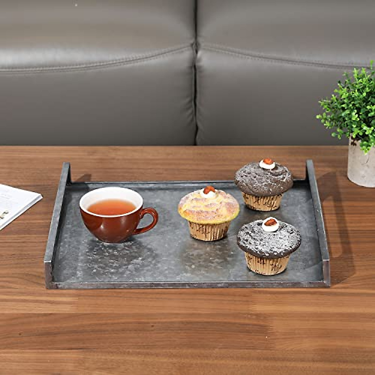 MyGift Rustic Square Silver Galvanized Metal Large Serving Tray with Handles, Tray for Ottoman, Breakfast, Tea, Coffee Table