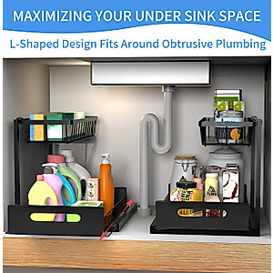 SUTINE Under Sink Organizer, 2 Tier L-Shape Bathroom Organizer Under Sink Organizers and Storage, Sliding Under Cabinet Organizer Storage Shelf for Kitchen Bathroom, Black