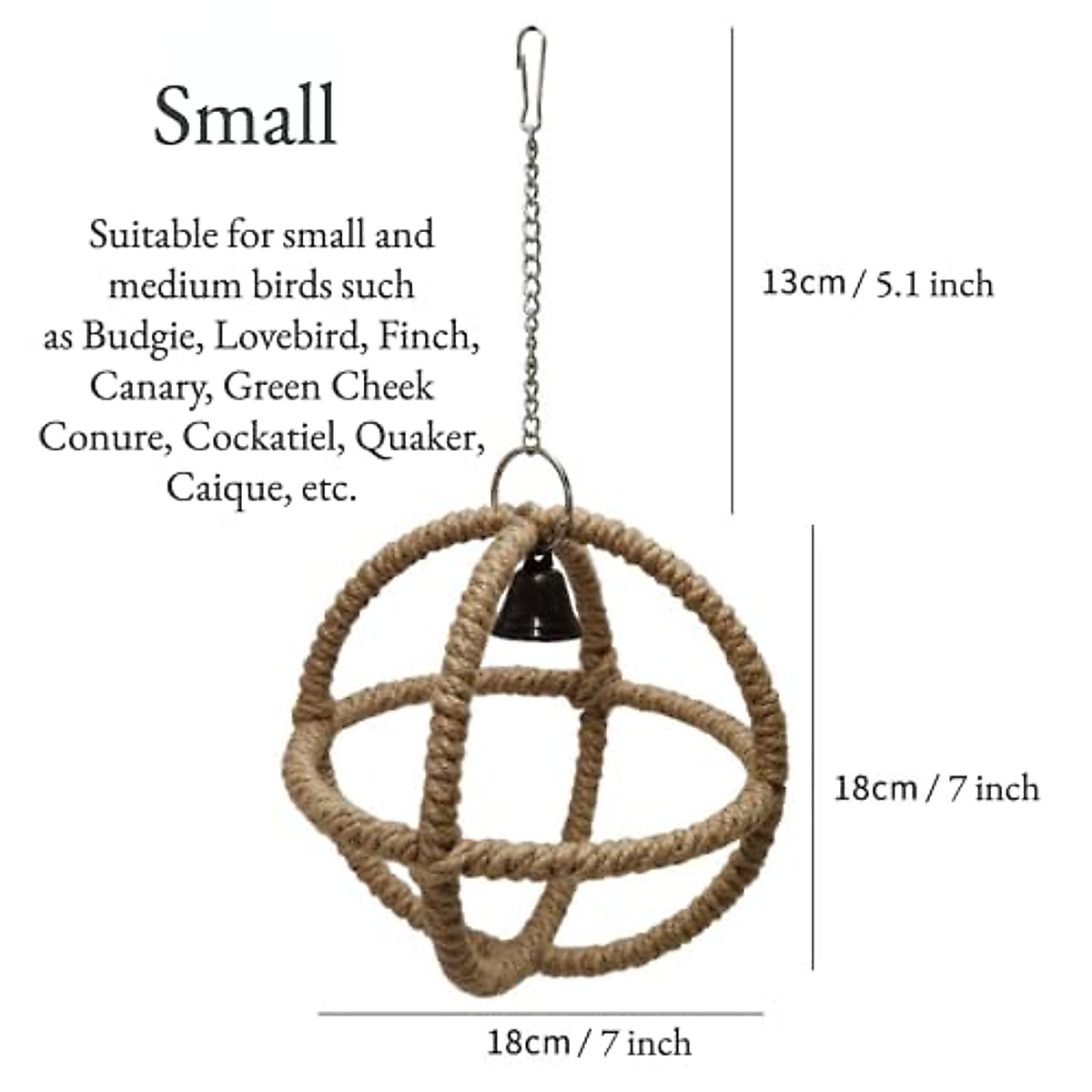 Bird Hanging Ball with Bell Chewing Treat Toy for Small Medium Large Parrot Parakeet Cockatiel Conure Lovebird Quaker Caique African Grey (Small)