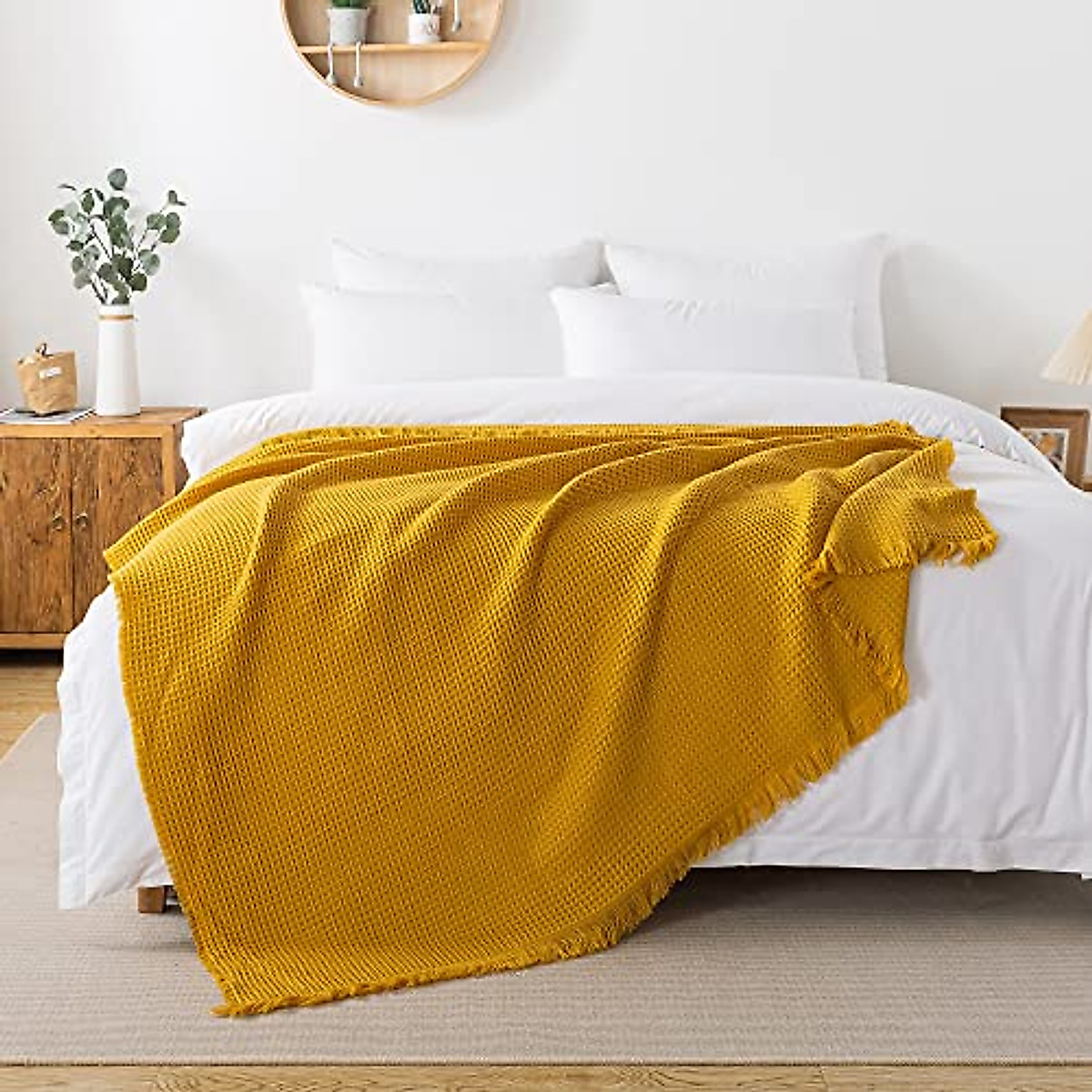 R.SHARE Soft Knit Waffle Throw Blanket for Couch Bed with Tassel, Thin Knitted Lightweight Cozy Woven for Sofa Travel, Cute Women Men, Big Twin Size, 60x80 inches, Mustard Yellow
