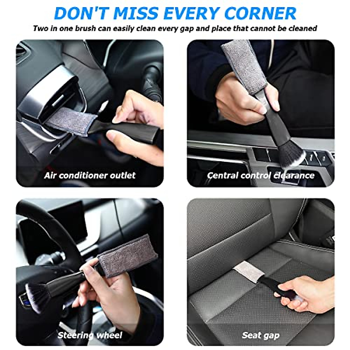 AUCELI Double Head Brush for Car Clean, Soft Nylon Hair and Coral Fleece, Auto Exterior Interior Detailing Brushes, Vehicle Cleaning Kit for Wheels, Engine Bay, Leather Seats, Air Vents (Black/2PCS)