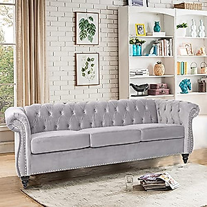 PHOYAL Large Sofa, Velvet Sofa Three-seat Sofa Classic Tufted Chesterfield Settee Sofa Modern 3 Seater Couch Furniture Tufted Back for Living Room (Grey)
