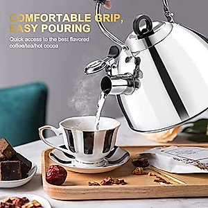 Tea Kettle Stovetop - HIHUOS 2.64QT Whistling Tea Pots for Stove Top - Sleek Teapots with Universal Base, Mirror Stainless Steel Teakettle with Cool Grip Bakelite Handle