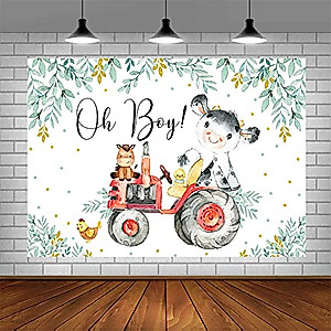 ABLIN 10x7ft Holy Cow Baby Shower Backdrop for Boy Spring Theme Oh Boy Baby Shower Party Decorations Banner Green Leaves Red Tractor Photography Background Photo Shoot Props