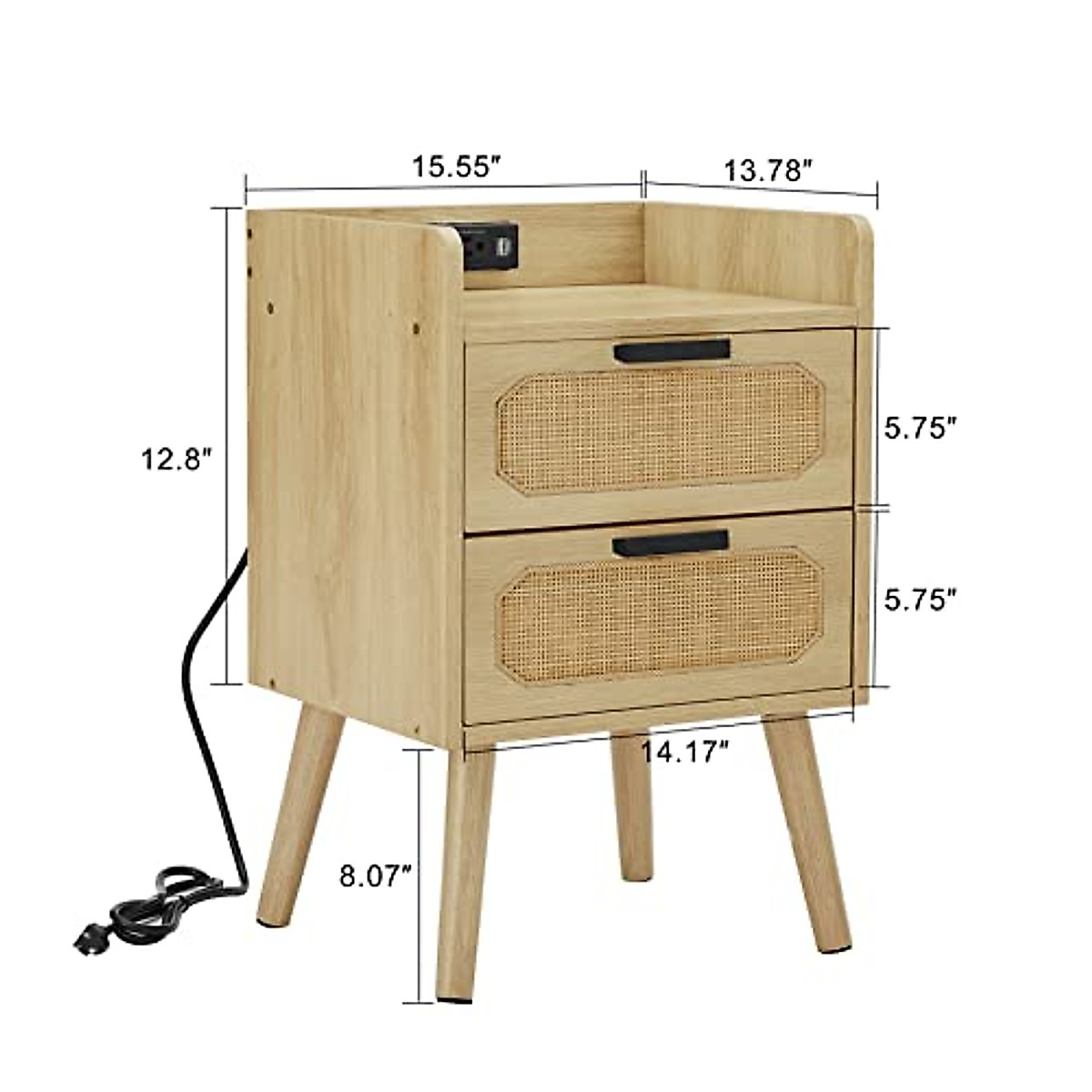 2 PC Nightstands with 2 Natural Rattan Decorated Drawers, Bedside End Table Side Table with 2 AC Outlets & 2 USB Ports, Solid Wood Legs & Particle Board Frame, Natural