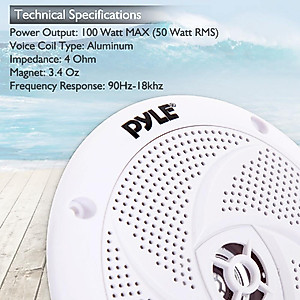 Pyle Marine Speakers - 4 Inch 2 Way Waterproof and Weather Resistant Outdoor Audio Stereo Sound System with 100 Watt Power and Low Profile Slim Style Design - 1 Pair - PLMRS4W (White)