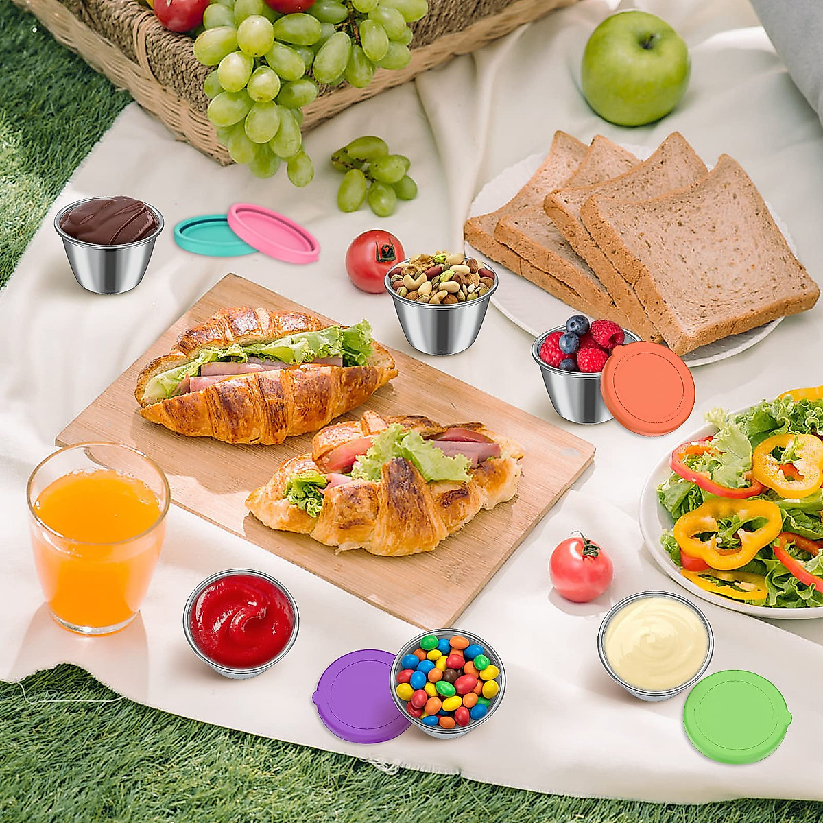 6x 2.4oz Salad Dressing Container to Go, Condiment Containers with Lids, Stainless Steel Sauce Cups Salad Dressing Container for Lunch Bento Box, Reusable,Leakproof