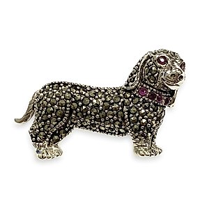 Art Deco Style Dachshund Dog Pin Brooch with Marcasite and Ruby Stone 925 Sterling Silver