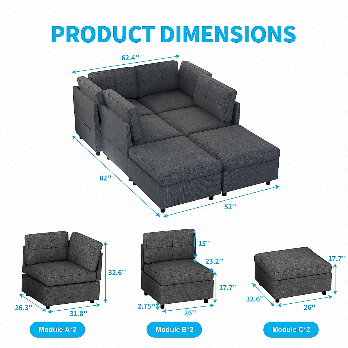 Mjkone Convertible Sofa Couch, Modern U Shaped Sofa with Tufted Back Cushion, 6 Seat Oversized Sectionals Sofa Couch with Ottomans for Living Room/Apartment/Office (Beige)