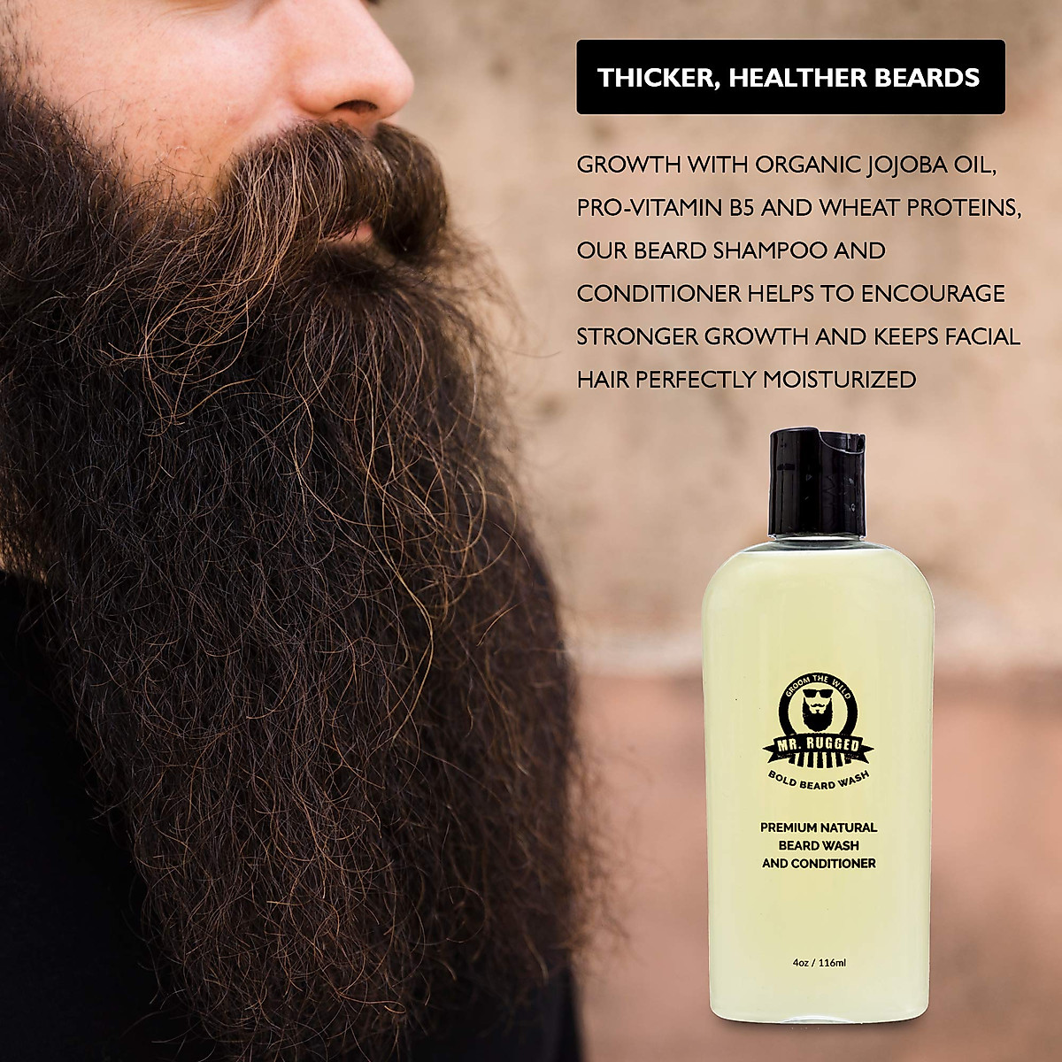 Mr Rugged Beard Wash and Conditioner for Men – (Peppermint 2-in-1, 4oz Bottle) Natural Beard Shampoo for Soft Beard – Strengthen and Improve Facial Hair Growth