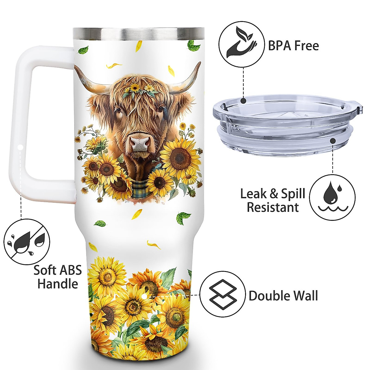 thmasamwr Cow Print Tumbler with Lid and Straw, Stainless Steel 40oz Tumbler with Handle, Sunflower Cow Print Travel Coffee Mug Water Bottle, Highland Cow Gifts Cups for Women and Girls