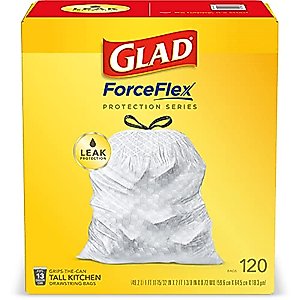 GLAD ForceFlex Tall Drawstring Trash Bags, 13 Gallon White Trash Bags for Tall Kitchen Trash Can, Unscented Leak Protection Bags, 120 Count - Packaging May Vary