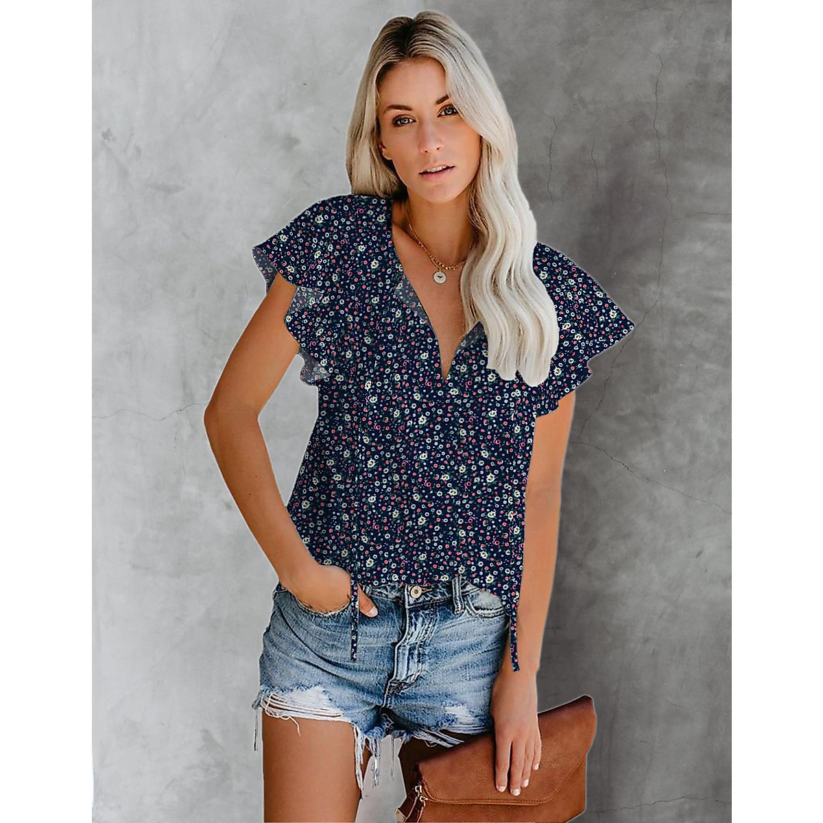 Casual Tops for Women Summer Short Sleeve V Neck Bohemian Ditsy Floral Shirts (Navy Blue,XL)