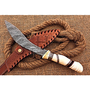 HUNTEX Unique Custom Handmade Hand Forged Damascus Steel 15 Inch Long Full Tang Camel Bone Handle Razor Sharp Hunting Camping Kukri Knife with Genuine Leather Sheath