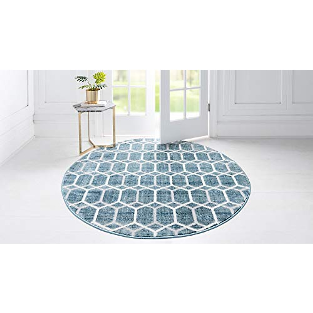 Rugs.com Lattice Trellis Collection Rug – 8 Ft Round Blue Low-Pile Rug Perfect for Kitchens, Dining Rooms