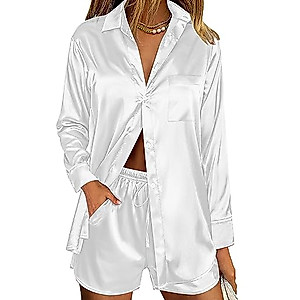 SWOMOG Women's Silk Lounge Sets 2 Piece Outfit Pajama Set Satin Button Down Tops Summer Silk Long Sleeve Shirts with Pocket White