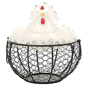 MyGift Black Metal Mesh Wire Egg Storage Basket with White Ceramic Farm Chicken Top Lid and Handles - Holds 30 Eggs