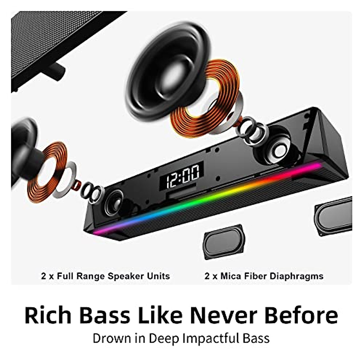 Sound Bars for TV, Cinematic TV Sound Bar with Impactful Bass, Bluetooth Soundbar for TV with RGB Lights and Clock, Wall Mountable TV Speakers Sound Bar Work with Traditional or Smart TV, Computer