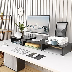 WALI Dual Monitor Stand Riser, 3 Shelf Laptop and Computer Monitor Stand with Phone Holder, Length and Angle Adjustable Desk Organizer (PTT007T-B), Black