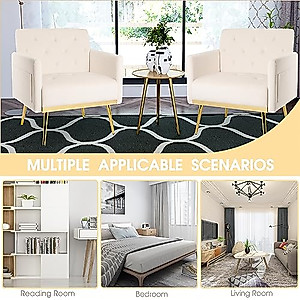 COCO DESIGN Velvet Accent Chair Set of 2 w/Gold Metal Legs, Mid Century Modern Reading Chair w/Side Pocket，Comfy Single Sofa Armchair for Living Room, Bedroom, Beige