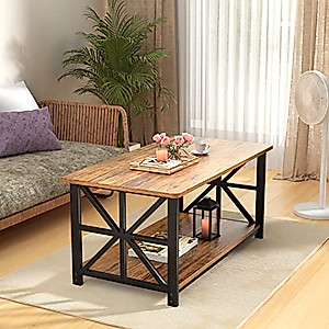 GreenForest Coffee Table with Round Corner, Farmhouse Center Table with 2-Tier Storage Shelf X-Frame Design for Living Room, 39 inch Walnut