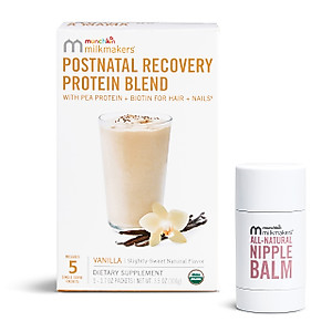 Munchkin® Milkmakers® Nipple Balm and Postnatal Recovery Protein Powder, With Pea Protein, Lactation Support, and Biotin for Postpartum Support, Vanilla, 5 Count
