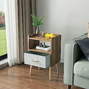 LUCKNOCK NightStand with Fabric Drawer, Bedside Table with Solid Wood Legs, Minimalist and Practical End Side Table with Open Storage Shelf for Bedroom,Walnut.