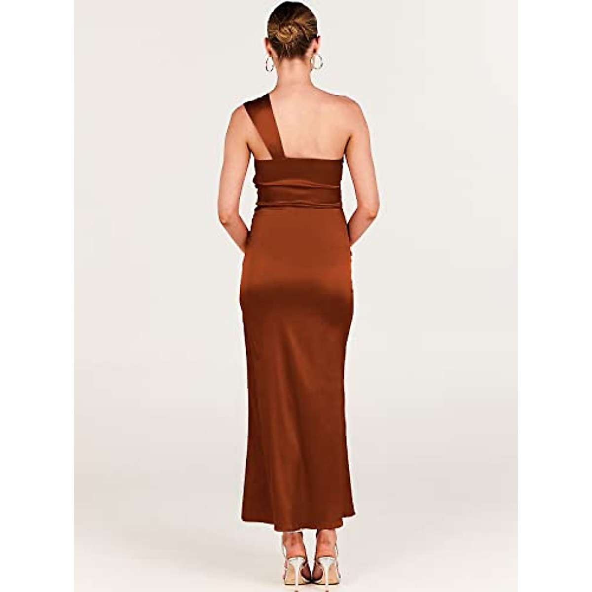 ANRABESS Women's Silk One Shoulder Wedding Guest Bodycon Dress Cocktail Evening Party Long Midi Dress A942-Xiuhong-M Rust