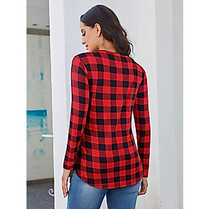 Bulotus Red and Black Plaid Tops for Women, Christmas Tops for Women Dressy Fashion 2022 Long Sleeve Sexy V Neck Shirts for Work Women's Fall Tunics to Wear with Leggings, Red Black Plaid, M