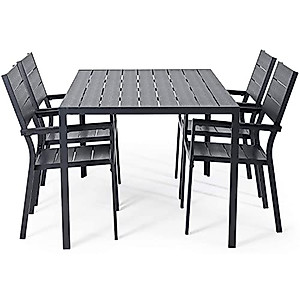 AECOJOY 7 Piece Outdoor Dining Set, Aluminum Patio Table and Chairs Set for 6 with Rectangular Table and Stackable Chairs for Garden, Backyard, Black