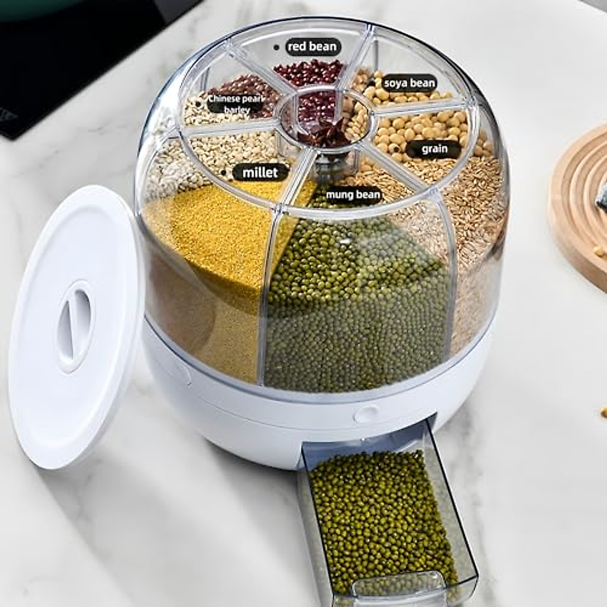 Grain Storage Container Dispenser, rice dispenser rotating, 360° rotating food dispenser One-Click Output rice Storage Round Grain Dispenser Kitchen for Small Grains, Beans, Rice (C)