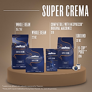 Lavazza Super Crema Whole Bean Coffee Blend, light-Medium Espresso Roast, 2.2 Pound (Pack of 1) ,Premium Quality, Aromatic, Mild and creamy