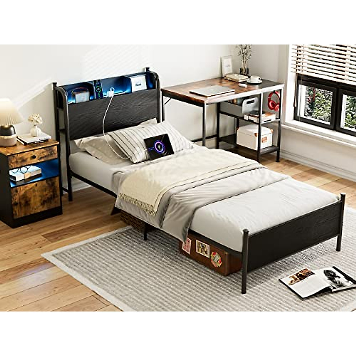 IKIFLY LED Bed Frame Twin XL with Storage Shelf Headboard & Charging Station, Heavy Duty Metal and Wood Platform Bed Frame with Under-Bed Storage, Noise Free, No Box Spring Needed - Black