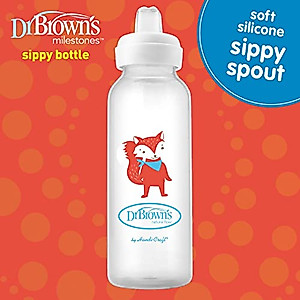 Dr. Brown’s® Milestones™ Narrow Sippy Bottle, 100% Silicone Soft Sippy Spout, 8oz/250mL, Fox & Lion, 6m+