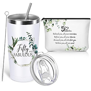 50th Birthday Gifts for Women 2 Pieces 50 and Fabulous Gifts for Women Including 20 oz Wine Stainless Steel Tumbler with Lid Straw Fabulous Makeup Bag for Turning 50 Year Old Woman Mother Ladies