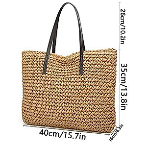 Straw Bag Round Summer Straw Large Woven Beach Bag Purse For Women Vocation Tote Handbags With Pom Poms (Lightcoffee)